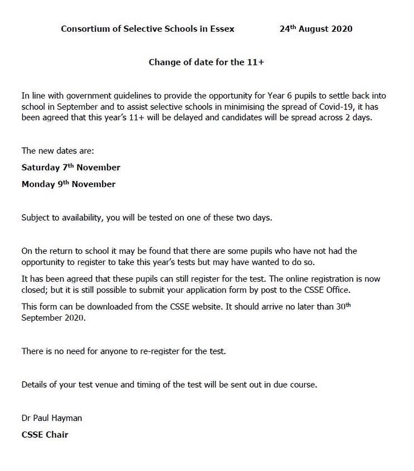 The dates for the CSSE 11+ have been changed for 2020. For further ...